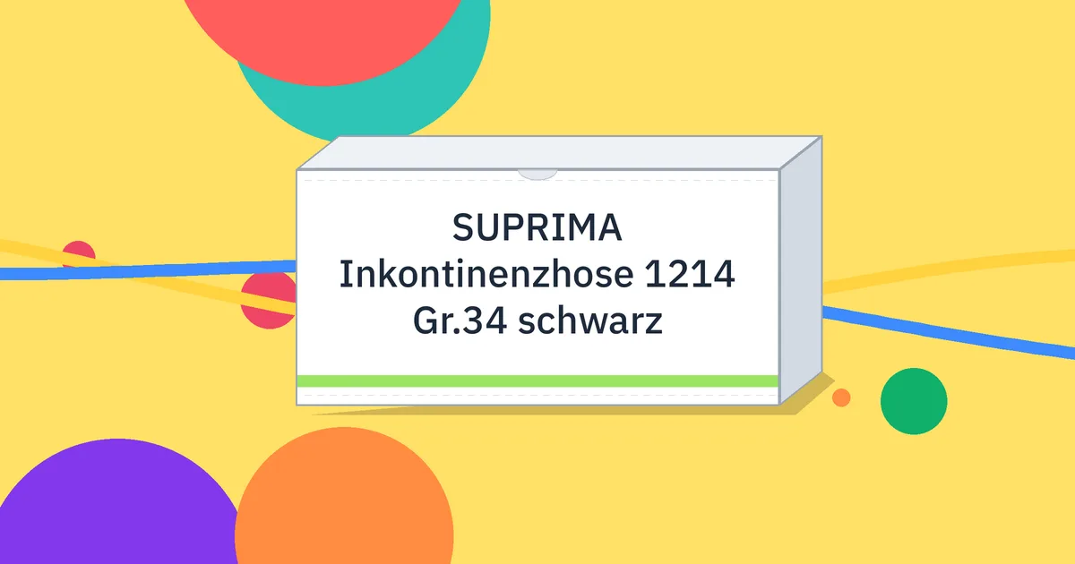 Symbolbild: Packung mit der Aufschrift SUPRIMA Inkontinenzhose 1214 Gr.34 schwarz (PZN 02852888) – Verfügbarkeit und Bezug in Apotheken in Frankfurt am Main