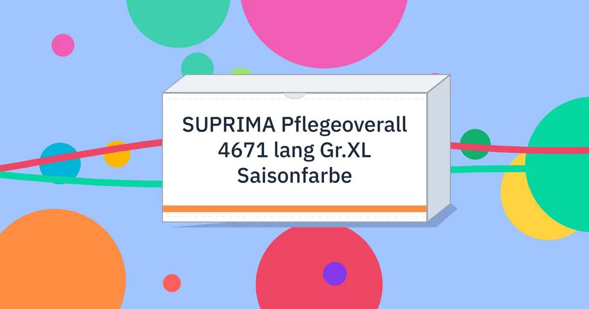 Symbolbild: Packung mit der Aufschrift SUPRIMA Pflegeoverall 4671 lang Gr.XL Saisonfarbe (PZN 11659995) – Verfügbarkeit und Bezug in Apotheken in Frankfurt am Main