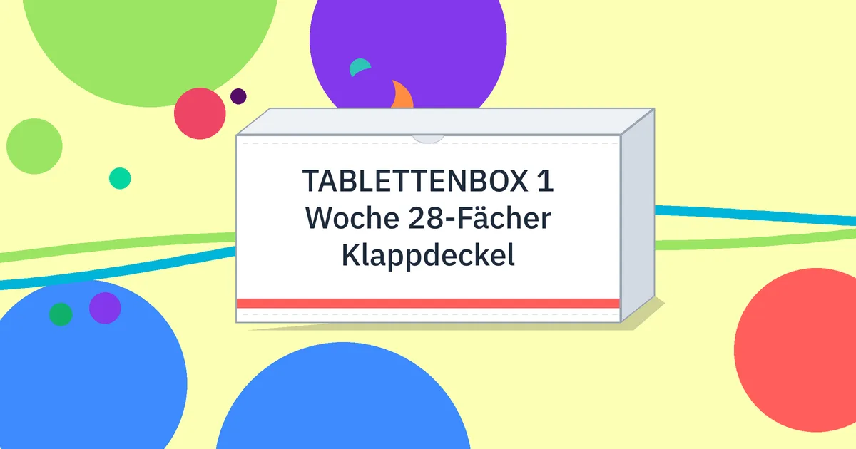 Symbolbild: Packung mit der Aufschrift TABLETTENBOX 1 Woche 28-Fächer Klappdeckel (PZN 06566547) – Verfügbarkeit und Bezug in Apotheken in Frankfurt am Main