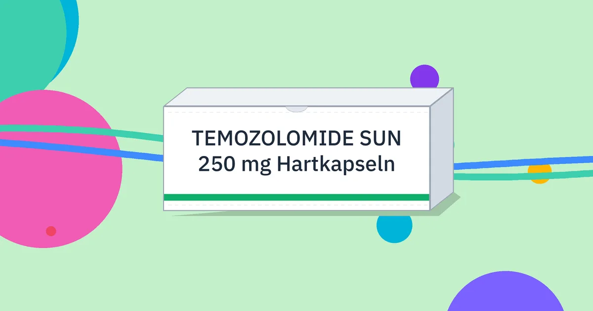 Symbolbild: Packung mit der Aufschrift TEMOZOLOMIDE SUN 250 mg Hartkapseln (PZN 09282052) – Verfügbarkeit und Bezug in Apotheken in Frankfurt am Main
