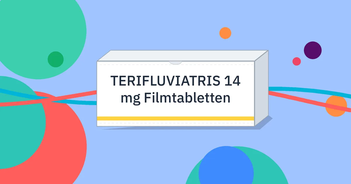 Symbolbild: Packung mit der Aufschrift TERIFLUVIATRIS 14 mg Filmtabletten (PZN 19972266) – Verfügbarkeit und Bezug in Apotheken in Frankfurt am Main