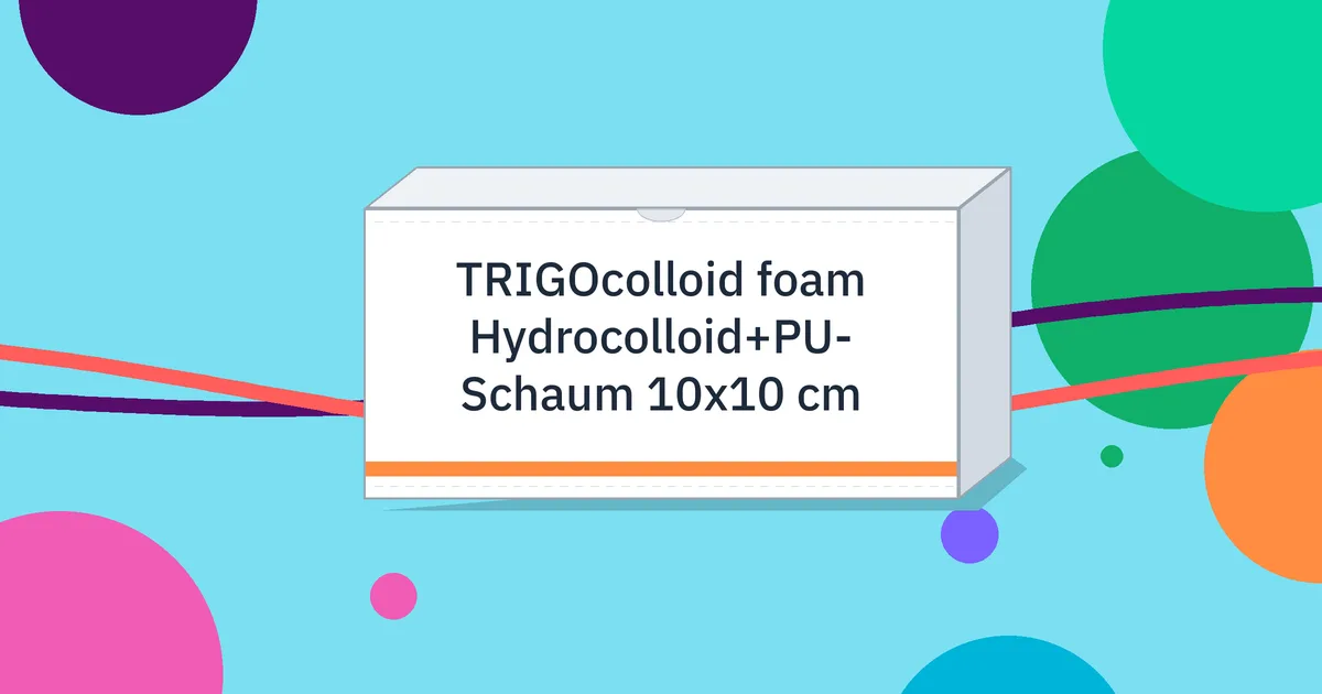 Symbolbild: Packung mit der Aufschrift TRIGOcolloid foam Hydrocolloid+PU-Schaum 10x10 cm (PZN 20342369) – Verfügbarkeit und Bezug in Apotheken in Frankfurt am Main