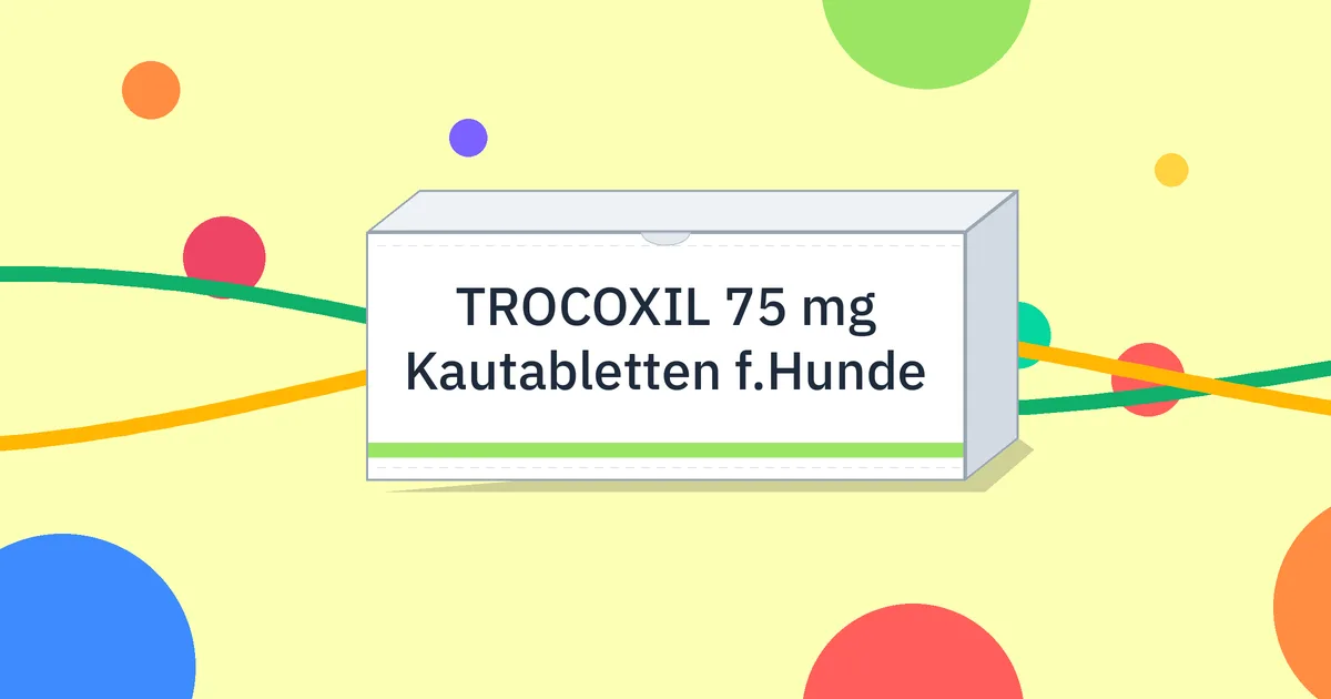 Symbolbild: Packung mit der Aufschrift TROCOXIL 75 mg Kautabletten f.Hunde (PZN 05738348) – Verfügbarkeit und Bezug in Apotheken in Frankfurt am Main