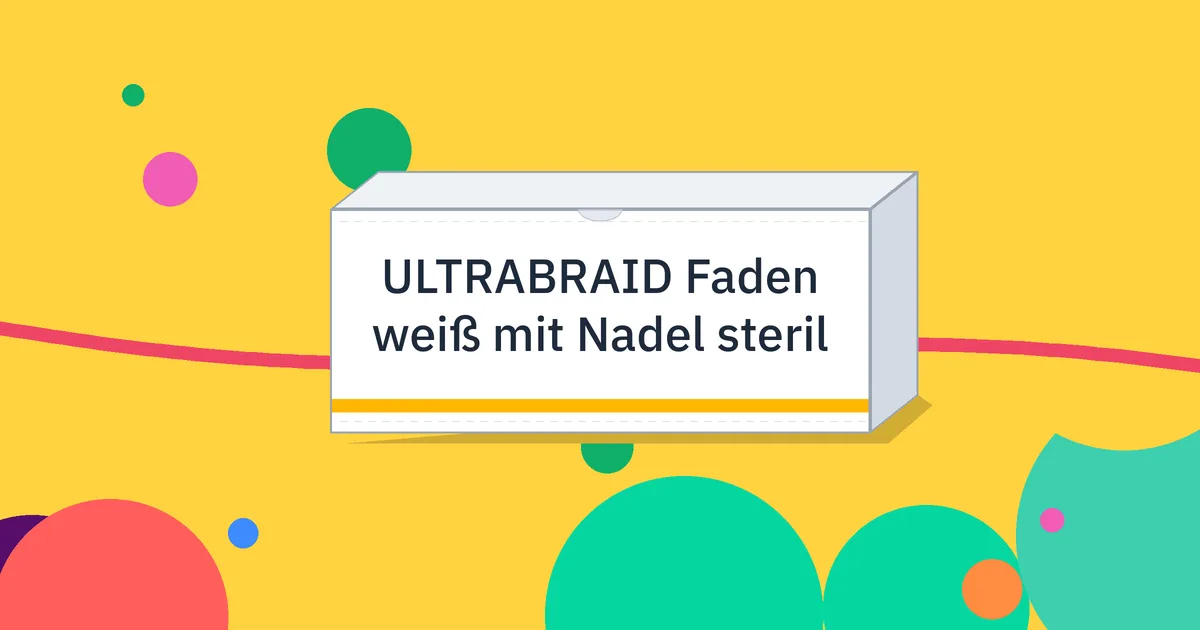 Symbolbild: Packung mit der Aufschrift ULTRABRAID Faden weiß mit Nadel steril (PZN 12642927) – Verfügbarkeit und Bezug in Apotheken in Frankfurt am Main