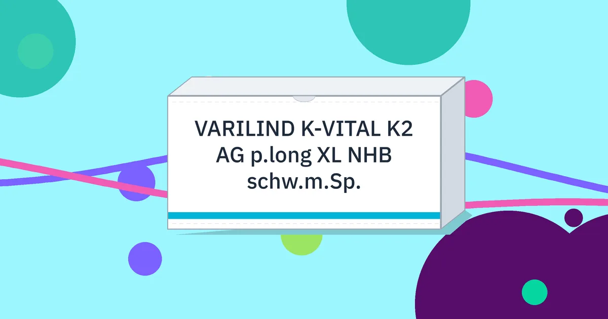 Symbolbild: Packung mit der Aufschrift VARILIND K-VITAL K2 AG p.long XL NHB schw.m.Sp. (PZN 20565170) – Verfügbarkeit und Bezug in Apotheken in Frankfurt am Main
