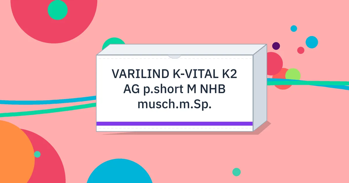 Symbolbild: Packung mit der Aufschrift VARILIND K-VITAL K2 AG p.short M NHB musch.m.Sp. (PZN 20565483) – Verfügbarkeit und Bezug in Apotheken in Frankfurt am Main