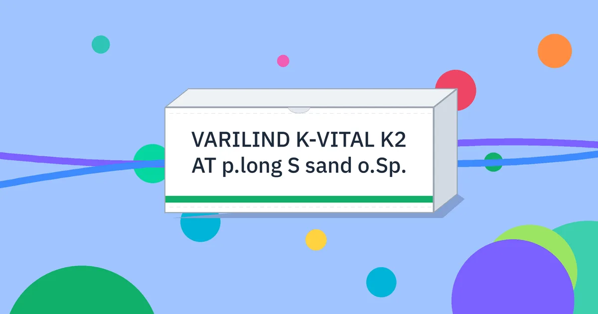 Symbolbild: Packung mit der Aufschrift VARILIND K-VITAL K2 AT p.long S sand o.Sp. (PZN 20561433) – Verfügbarkeit und Bezug in Apotheken in Frankfurt am Main