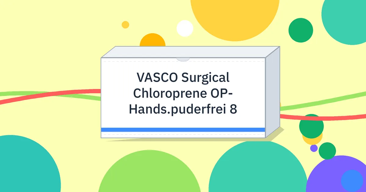 Symbolbild: Packung mit der Aufschrift VASCO Surgical Chloroprene OP-Hands.puderfrei 8 (PZN 11596473) – Verfügbarkeit und Bezug in Apotheken in Frankfurt am Main