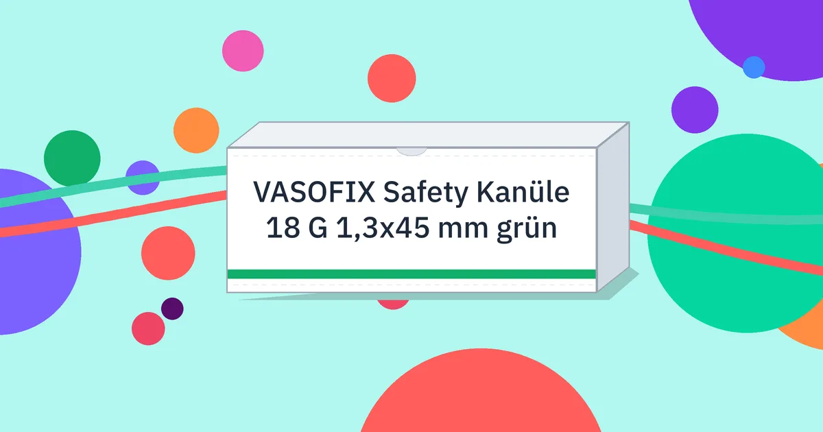 Symbolbild: Packung mit der Aufschrift VASOFIX Safety Kanüle 18 G 1,3x45 mm grün (PZN 01106166) – Verfügbarkeit und Bezug in Apotheken in Frankfurt am Main