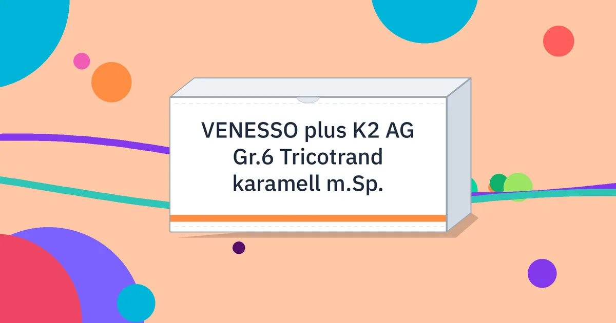 Symbolbild: Packung mit der Aufschrift VENESSO plus K2 AG Gr.6 Tricotrand karamell m.Sp. (PZN 13763188) – Verfügbarkeit und Bezug in Apotheken in Frankfurt am Main