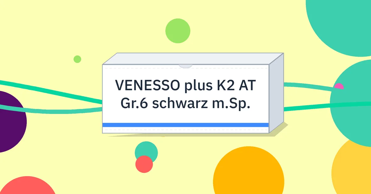 Symbolbild: Packung mit der Aufschrift VENESSO plus K2 AT Gr.6 schwarz m.Sp. (PZN 03287516) – Verfügbarkeit und Bezug in Apotheken in Frankfurt am Main
