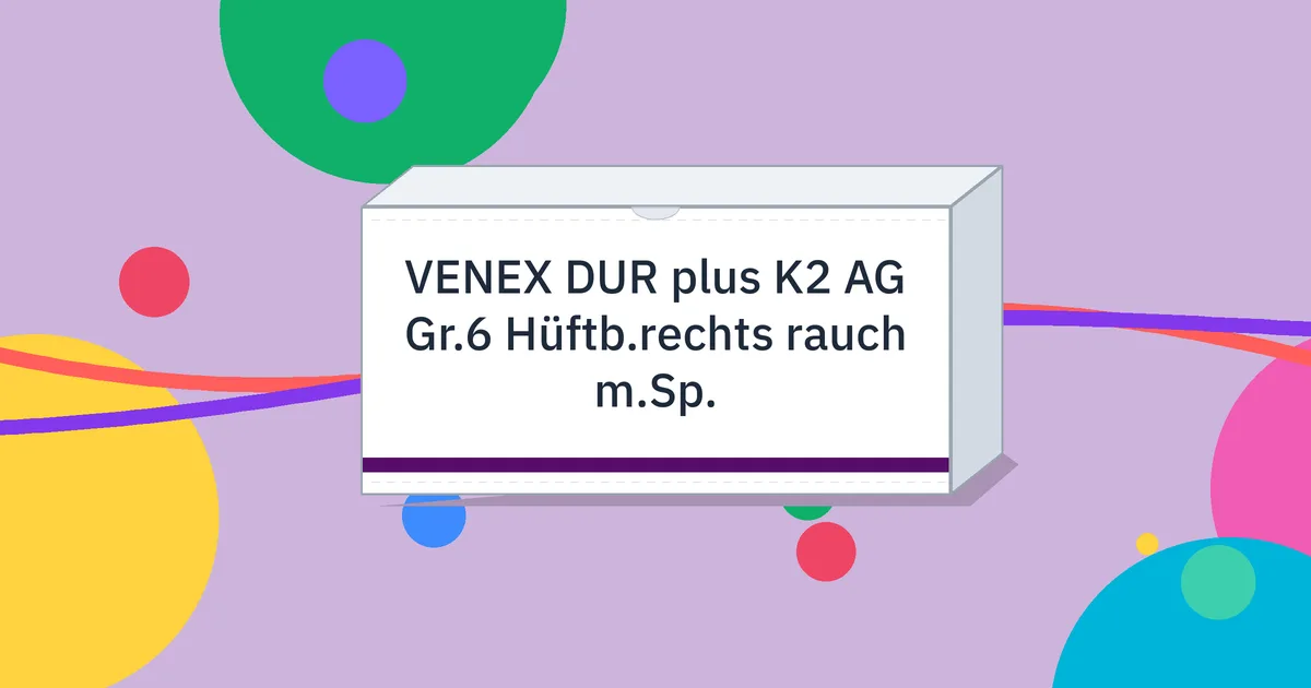 Symbolbild: Packung mit der Aufschrift VENEX DUR plus K2 AG Gr.6 Hüftb.rechts rauch m.Sp. (PZN 03238713) – Verfügbarkeit und Bezug in Apotheken in Frankfurt am Main