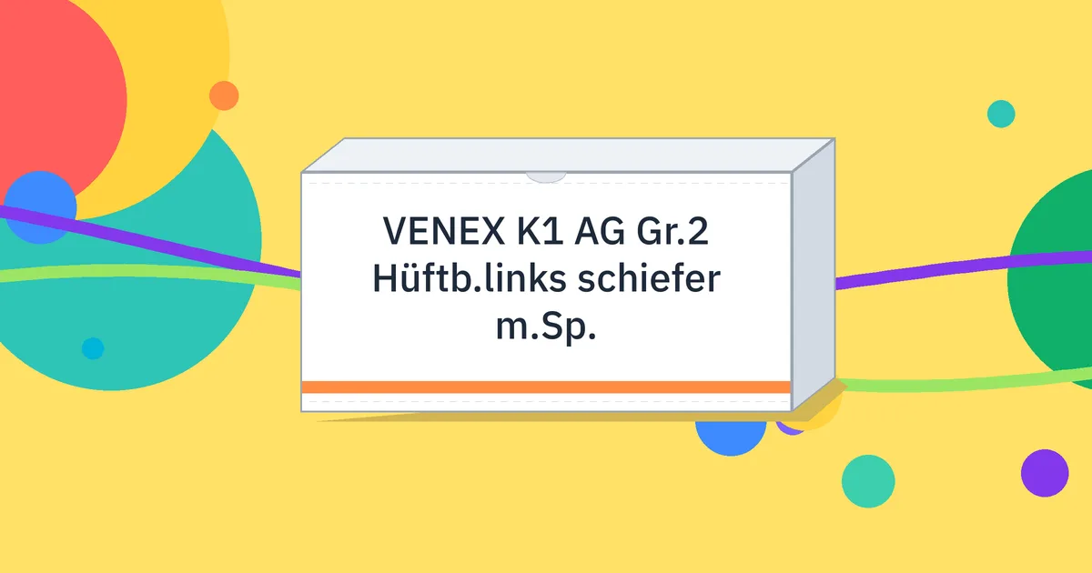 Symbolbild: Packung mit der Aufschrift VENEX K1 AG Gr.2 Hüftb.links schiefer m.Sp. (PZN 03200432) – Verfügbarkeit und Bezug in Apotheken in Frankfurt am Main
