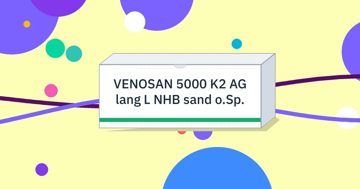 Symbolbild: Packung mit der Aufschrift VENOSAN 5000 K2 AG lang L NHB sand o.Sp. (PZN 14428859) – Verfügbarkeit und Bezug in Apotheken in Frankfurt am Main
