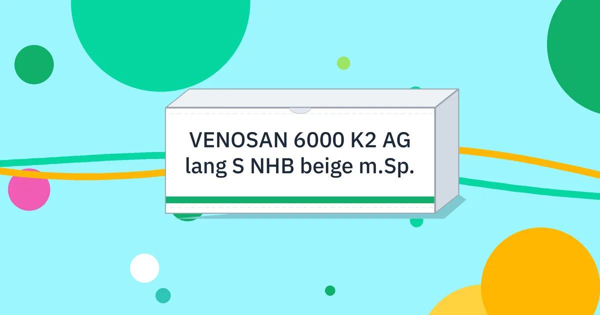 Symbolbild: Packung mit der Aufschrift VENOSAN 6000 K2 AG lang S NHB beige m.Sp. (PZN 17172768) – Verfügbarkeit und Bezug in Apotheken in Frankfurt am Main