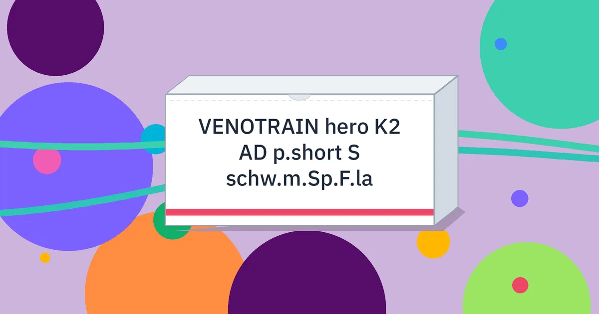 Symbolbild: Packung mit der Aufschrift VENOTRAIN hero K2 AD p.short S schw.m.Sp.F.la (PZN 19189980) – Verfügbarkeit und Bezug in Apotheken in Frankfurt am Main