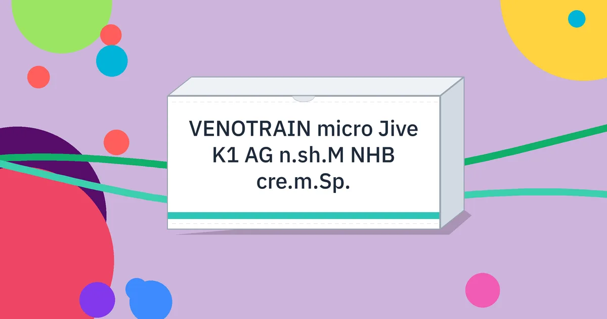 Symbolbild: Packung mit der Aufschrift VENOTRAIN micro Jive K1 AG n.sh.M NHB cre.m.Sp. (PZN 17763328) – Verfügbarkeit und Bezug in Apotheken in Frankfurt am Main