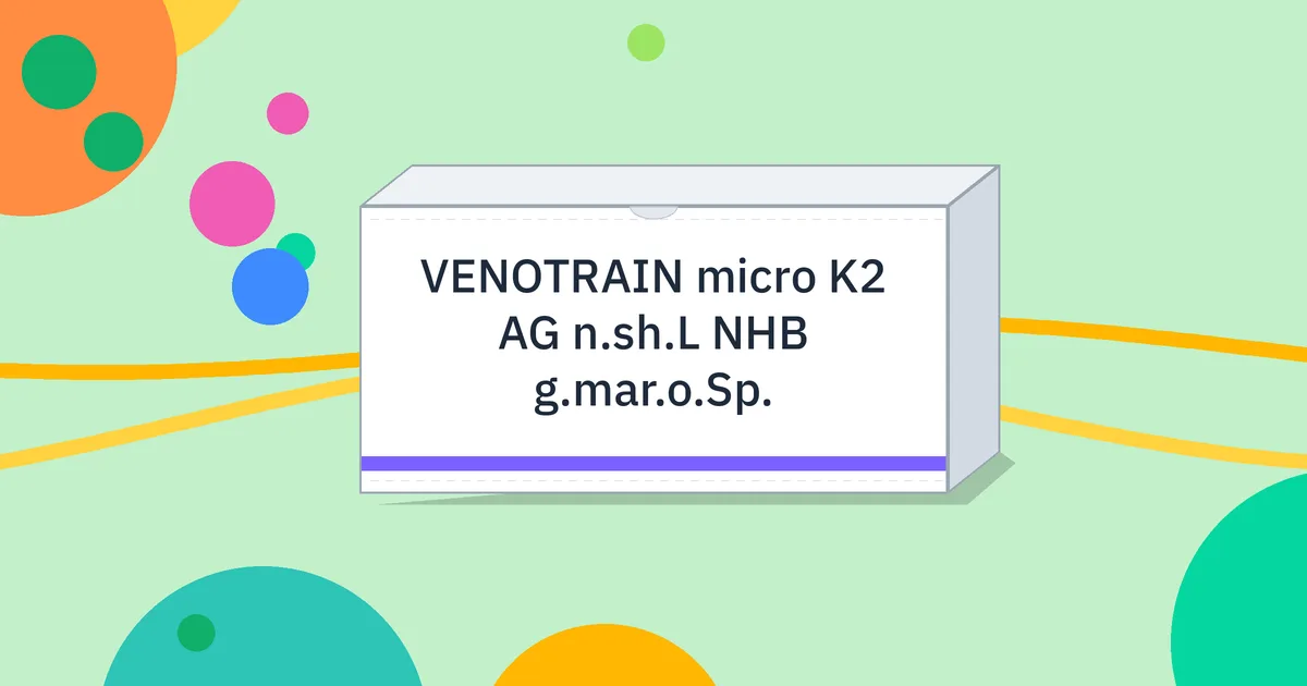 Symbolbild: Packung mit der Aufschrift VENOTRAIN micro K2 AG n.sh.L NHB g.mar.o.Sp. (PZN 04680517) – Verfügbarkeit und Bezug in Apotheken in Frankfurt am Main