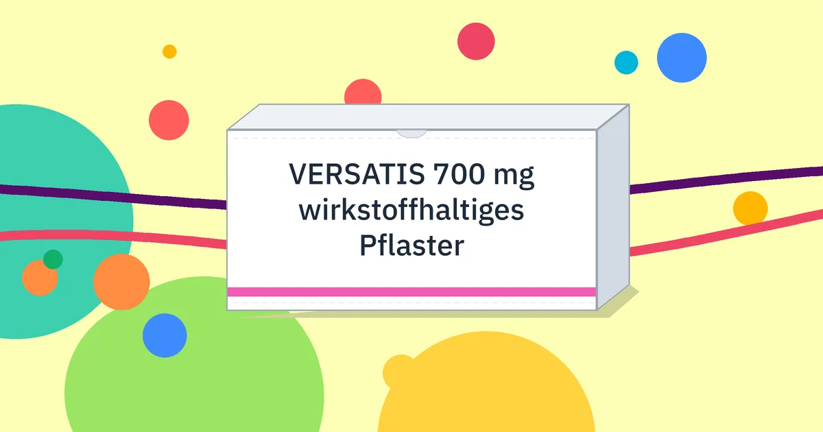 Symbolbild: Packung mit der Aufschrift VERSATIS 700 mg wirkstoffhaltiges Pflaster (PZN 19130716) – Verfügbarkeit und Bezug in Apotheken in Frankfurt am Main