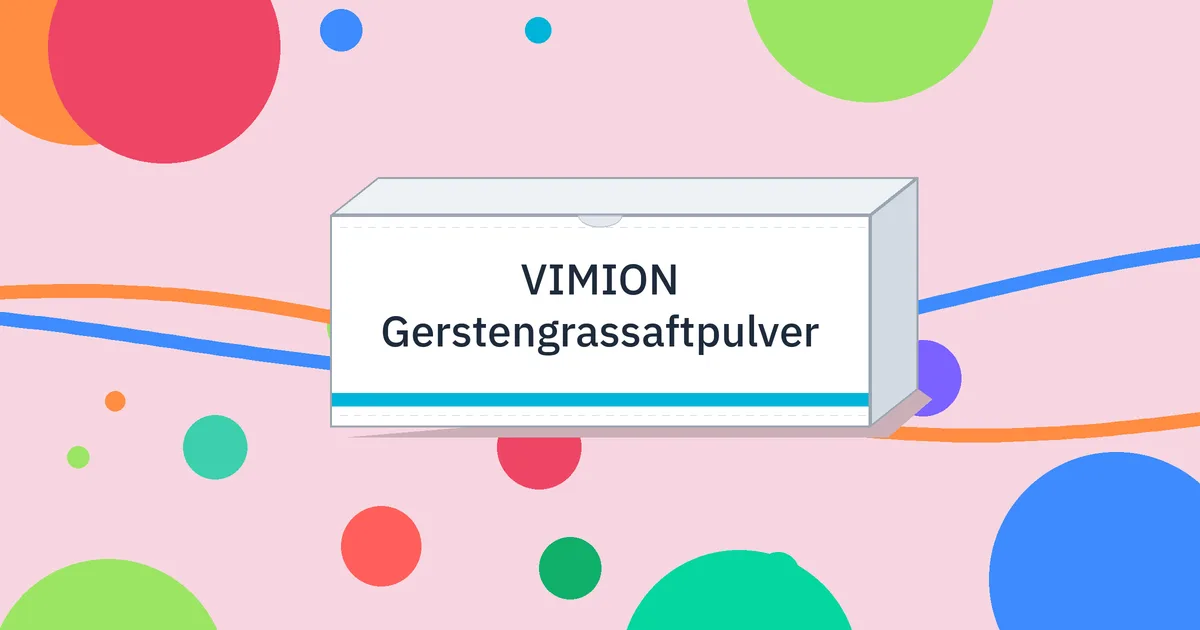 Symbolbild: Packung mit der Aufschrift VIMION Gerstengrassaftpulver (PZN 19898067) – Verfügbarkeit und Bezug in Apotheken in Frankfurt am Main