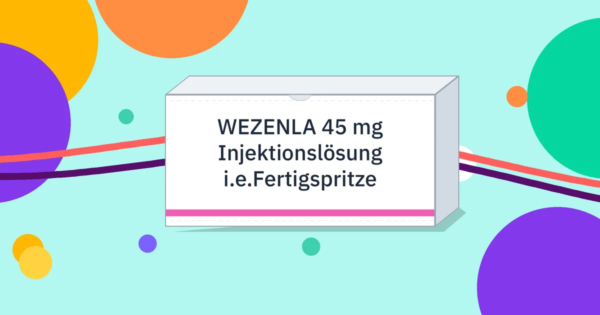 Symbolbild: Packung mit der Aufschrift WEZENLA 45 mg Injektionslösung i.e.Fertigspritze (PZN 19279536) – Verfügbarkeit und Bezug in Apotheken in Frankfurt am Main
