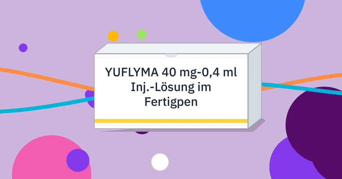 Symbolbild: Packung mit der Aufschrift YUFLYMA 40 mg-0,4 ml Inj.-Lösung im Fertigpen (PZN 17919718) – Verfügbarkeit und Bezug in Apotheken in Frankfurt am Main