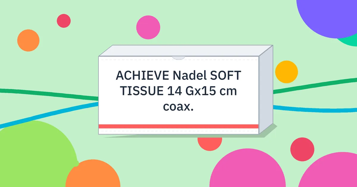 Symbolbild: Packung mit der Aufschrift ACHIEVE Nadel SOFT TISSUE 14 Gx15 cm coax. (PZN 18763632) – Verfügbarkeit und Bezug in Apotheken in Frankfurt am Main