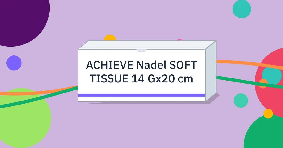 Symbolbild: Packung mit der Aufschrift ACHIEVE Nadel SOFT TISSUE 14 Gx20 cm (PZN 18763388) – Verfügbarkeit und Bezug in Apotheken in Frankfurt am Main