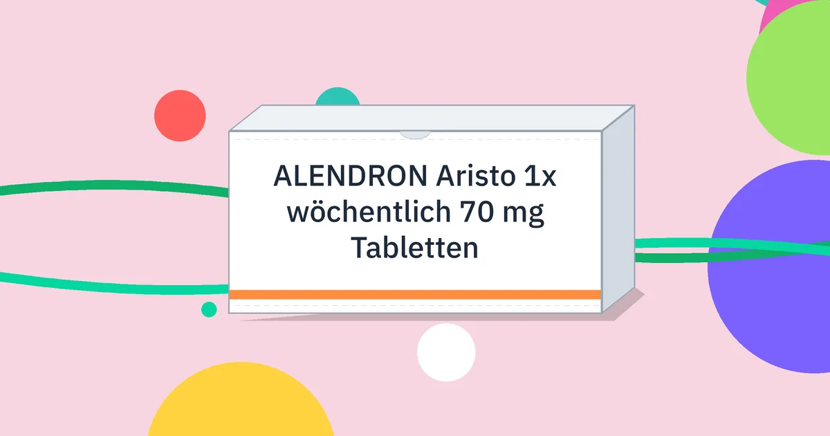 Symbolbild: Packung mit der Aufschrift ALENDRON Aristo 1x wöchentlich 70 mg Tabletten (PZN 09615051) – Verfügbarkeit und Bezug in Apotheken in Frankfurt am Main