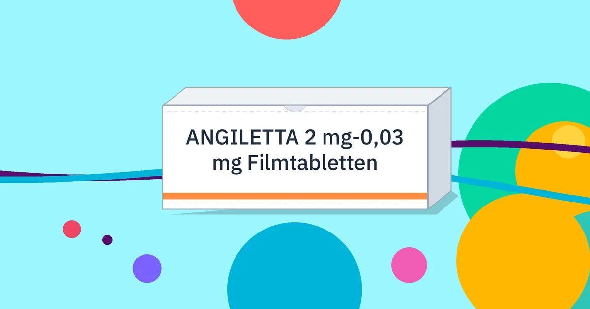 Symbolbild: Packung mit der Aufschrift ANGILETTA 2 mg-0,03 mg Filmtabletten (PZN 16020944) – Verfügbarkeit und Bezug in Apotheken in Frankfurt am Main