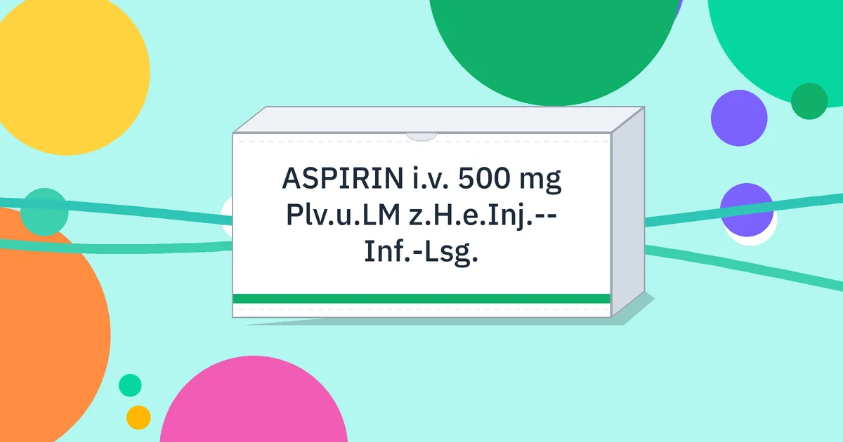 Symbolbild: Packung mit der Aufschrift ASPIRIN i.v. 500 mg Plv.u.LM z.H.e.Inj.--Inf.-Lsg. (PZN 04324188) – Verfügbarkeit und Bezug in Apotheken in Frankfurt am Main