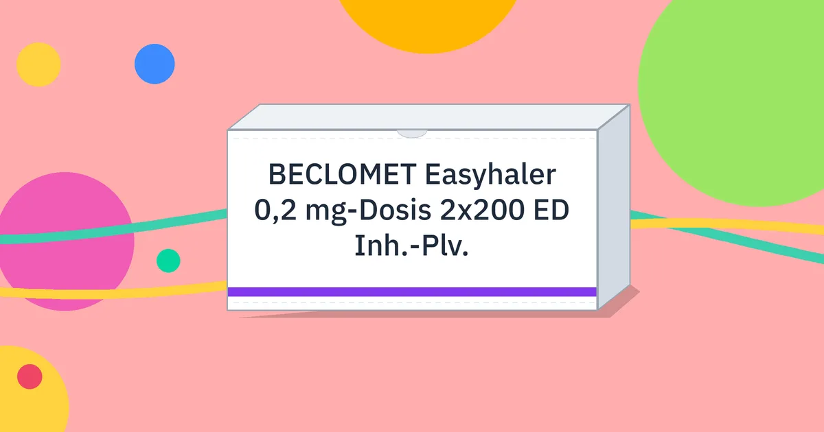 Symbolbild: Packung mit der Aufschrift BECLOMET Easyhaler 0,2 mg-Dosis 2x200 ED Inh.-Plv. (PZN 06101819) – Verfügbarkeit und Bezug in Apotheken in Frankfurt am Main