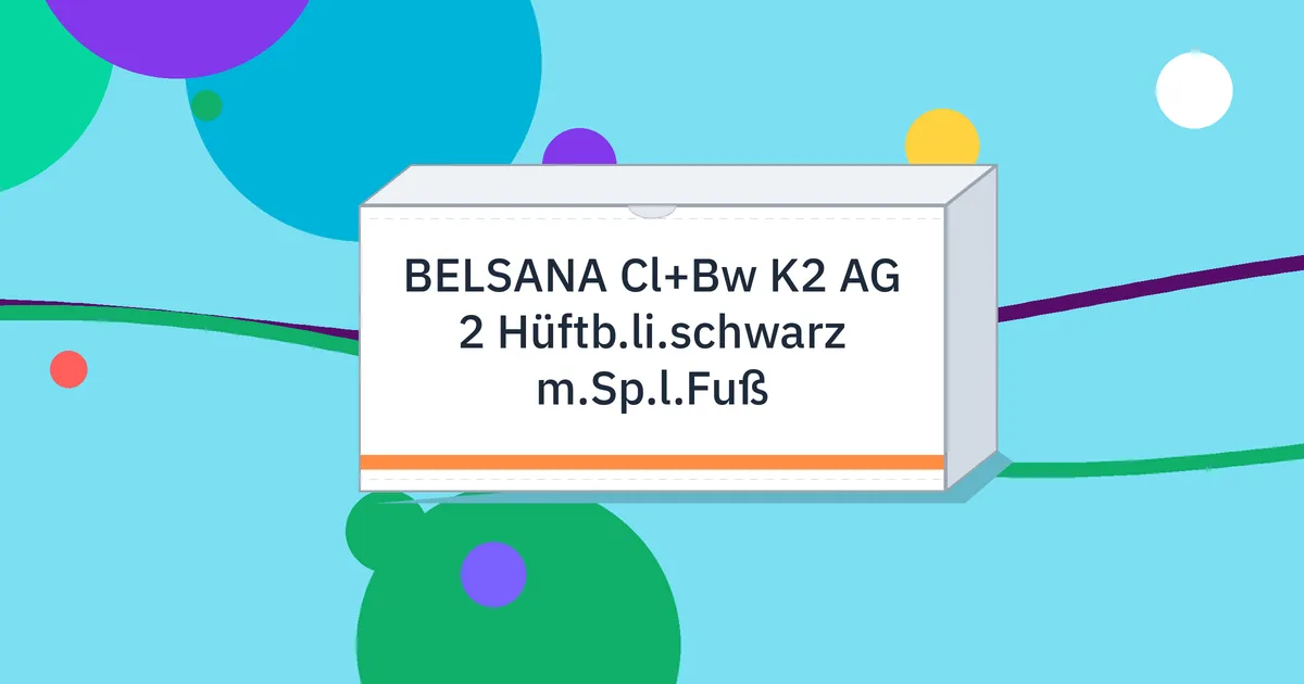 Symbolbild: Packung mit der Aufschrift BELSANA Cl+Bw K2 AG 2 Hüftb.li.schwarz m.Sp.l.Fuß (PZN 12254131) – Verfügbarkeit und Bezug in Apotheken in Frankfurt am Main