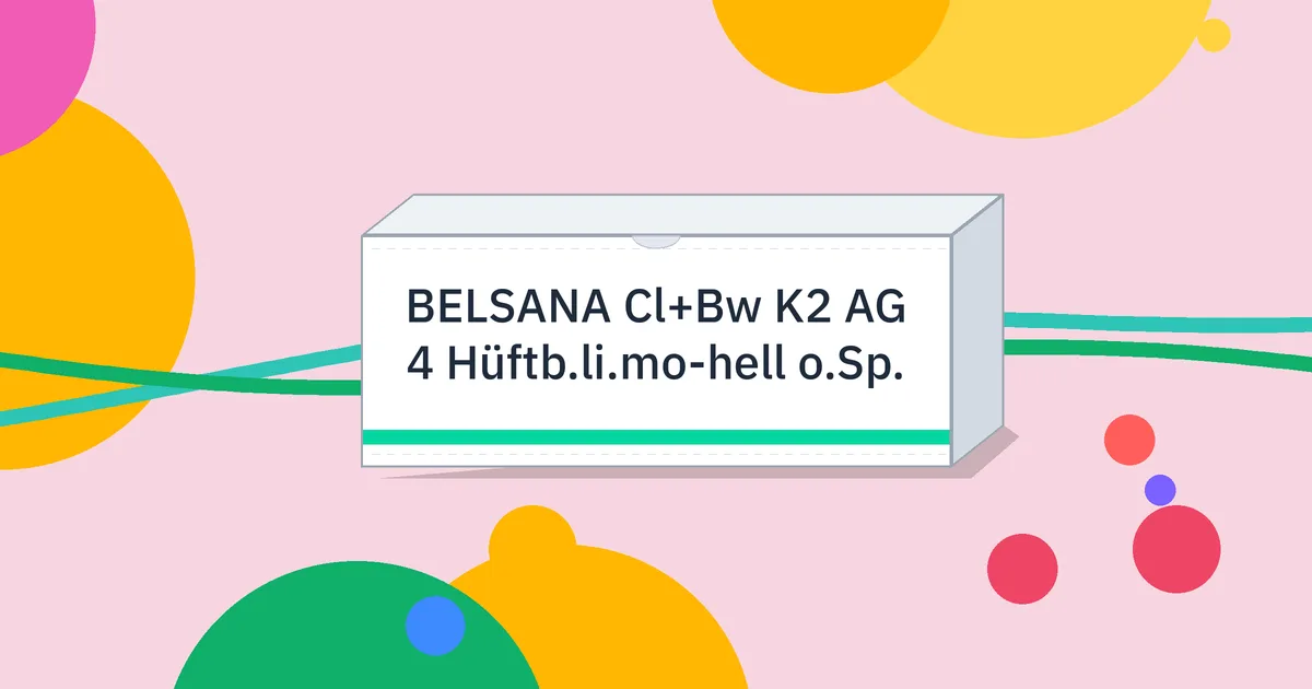 Symbolbild: Packung mit der Aufschrift BELSANA Cl+Bw K2 AG 4 Hüftb.li.mo-hell o.Sp. (PZN 12254757) – Verfügbarkeit und Bezug in Apotheken in Frankfurt am Main