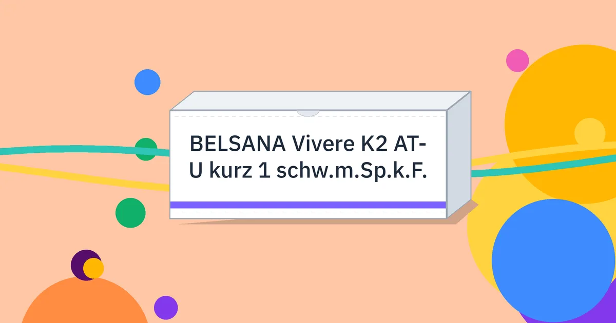 Symbolbild: Packung mit der Aufschrift BELSANA Vivere K2 AT-U kurz 1 schw.m.Sp.k.F. (PZN 08535108) – Verfügbarkeit und Bezug in Apotheken in Frankfurt am Main