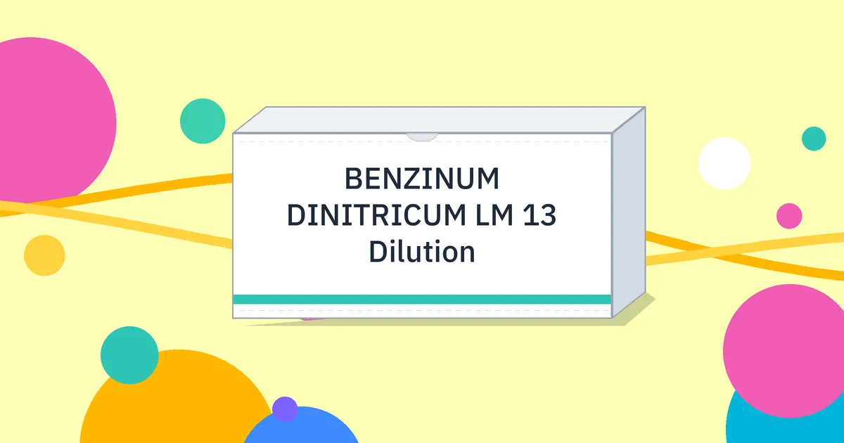 Symbolbild: Packung mit der Aufschrift BENZINUM DINITRICUM LM 13 Dilution (PZN 13382227) – Verfügbarkeit und Bezug in Apotheken in Frankfurt am Main