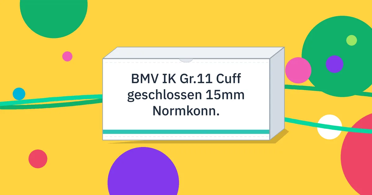 Symbolbild: Packung mit der Aufschrift BMV IK Gr.11 Cuff geschlossen 15mm Normkonn. (PZN 18381706) – Verfügbarkeit und Bezug in Apotheken in Frankfurt am Main