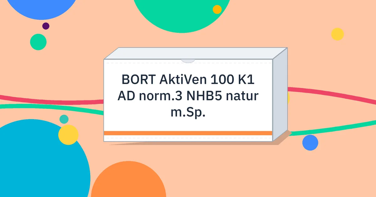 Symbolbild: Packung mit der Aufschrift BORT AktiVen 100 K1 AD norm.3 NHB5 natur m.Sp. (PZN 17493633) – Verfügbarkeit und Bezug in Apotheken in Frankfurt am Main