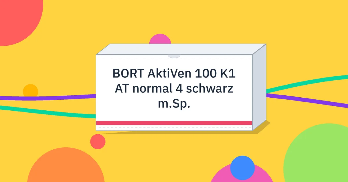 Symbolbild: Packung mit der Aufschrift BORT AktiVen 100 K1 AT normal 4 schwarz m.Sp. (PZN 14389088) – Verfügbarkeit und Bezug in Apotheken in Frankfurt am Main