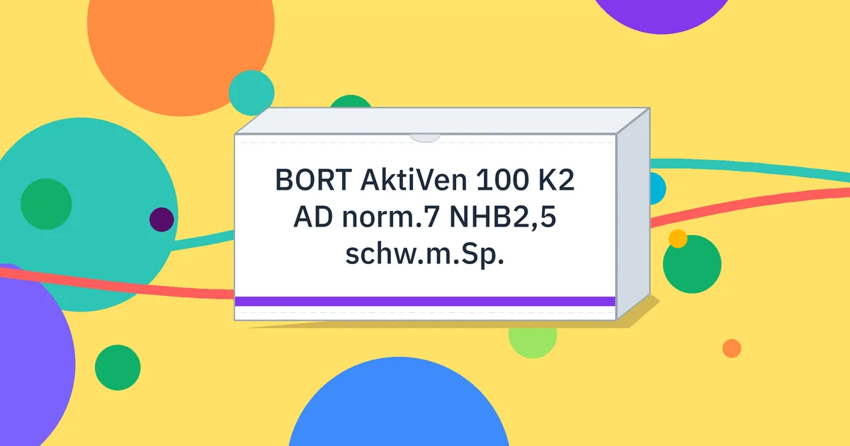 Symbolbild: Packung mit der Aufschrift BORT AktiVen 100 K2 AD norm.7 NHB2,5 schw.m.Sp. (PZN 17501858) – Verfügbarkeit und Bezug in Apotheken in Frankfurt am Main