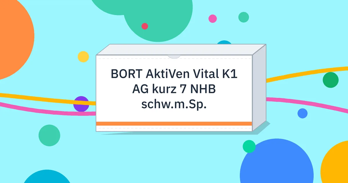Symbolbild: Packung mit der Aufschrift BORT AktiVen Vital K1 AG kurz 7 NHB schw.m.Sp. (PZN 13736004) – Verfügbarkeit und Bezug in Apotheken in Frankfurt am Main