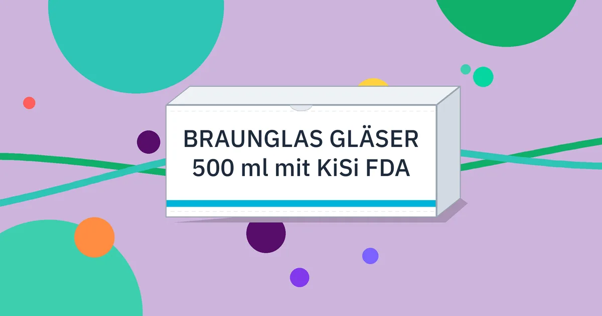 Symbolbild: Packung mit der Aufschrift BRAUNGLAS GLÄSER 500 ml mit KiSi FDA (PZN 18848819) – Verfügbarkeit und Bezug in Apotheken in Frankfurt am Main