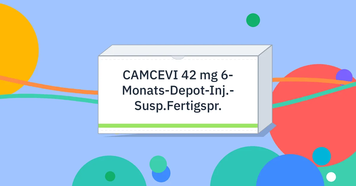 Symbolbild: Packung mit der Aufschrift CAMCEVI 42 mg 6-Monats-Depot-Inj.-Susp.Fertigspr. (PZN 17518190) – Verfügbarkeit und Bezug in Apotheken in Frankfurt am Main