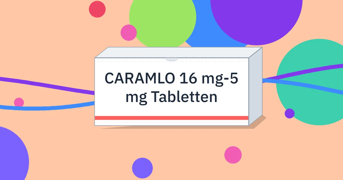 Symbolbild: Packung mit der Aufschrift CARAMLO 16 mg-5 mg Tabletten (PZN 19139930) – Verfügbarkeit und Bezug in Apotheken in Frankfurt am Main