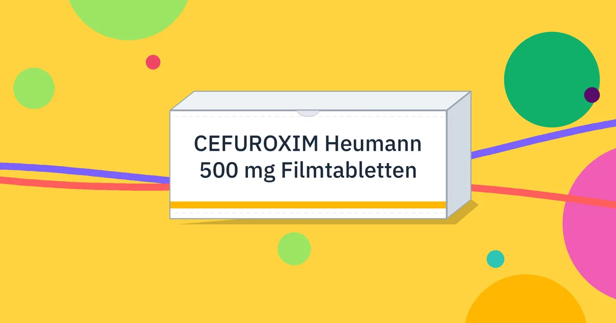 Symbolbild: Packung mit der Aufschrift CEFUROXIM Heumann 500 mg Filmtabletten (PZN 18471013) – Verfügbarkeit und Bezug in Apotheken in Frankfurt am Main