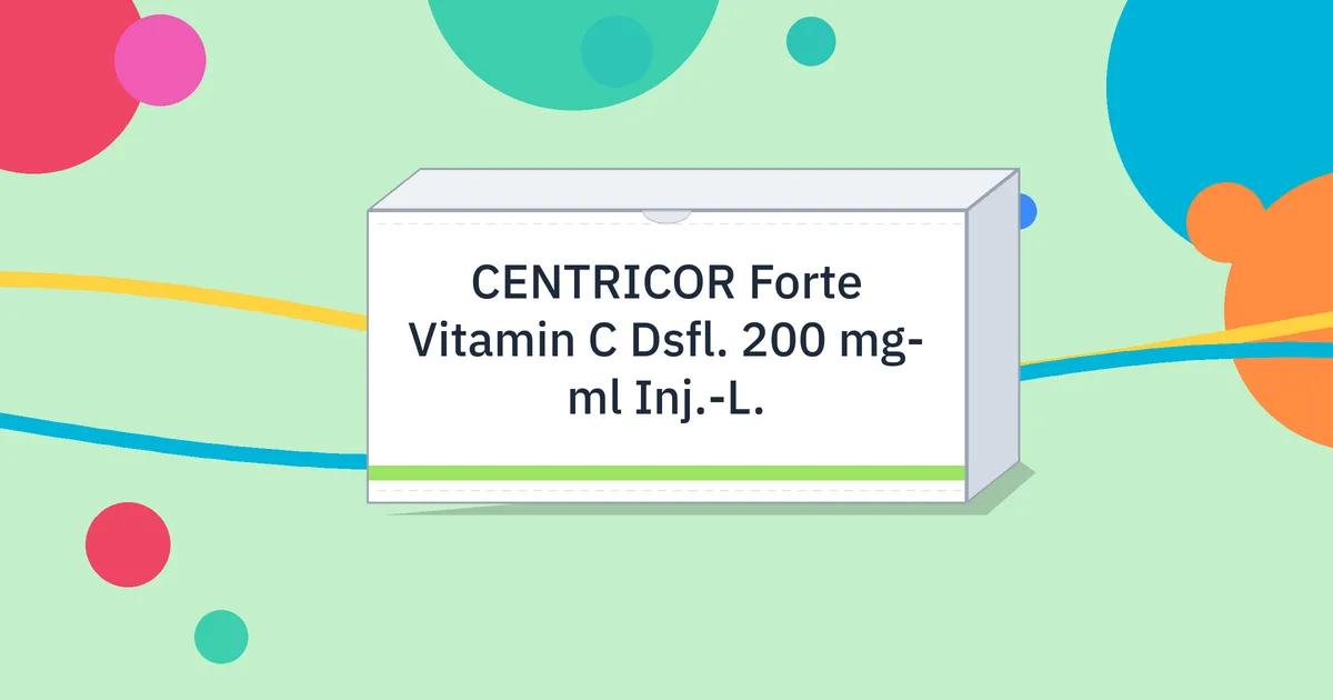 Symbolbild: Packung mit der Aufschrift CENTRICOR Forte Vitamin C Dsfl. 200 mg-ml Inj.-L. (PZN 17830438) – Verfügbarkeit und Bezug in Apotheken in Frankfurt am Main