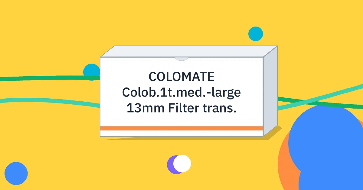 Symbolbild: Packung mit der Aufschrift COLOMATE Colob.1t.med.-large 13mm Filter trans. (PZN 10098371) – Verfügbarkeit und Bezug in Apotheken in Frankfurt am Main