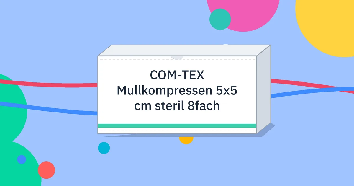 Symbolbild: Packung mit der Aufschrift COM-TEX Mullkompressen 5x5 cm steril 8fach (PZN 17150904) – Verfügbarkeit und Bezug in Apotheken in Frankfurt am Main