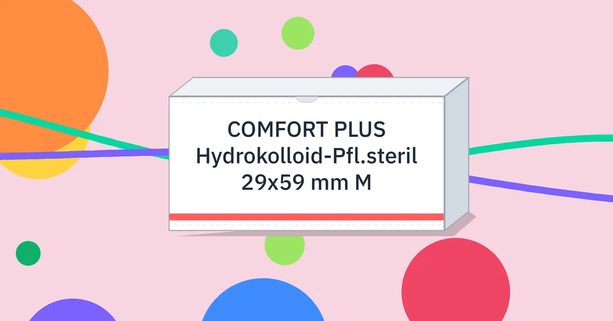 Symbolbild: Packung mit der Aufschrift COMFORT PLUS Hydrokolloid-Pfl.steril 29x59 mm M (PZN 12415870) – Verfügbarkeit und Bezug in Apotheken in Frankfurt am Main