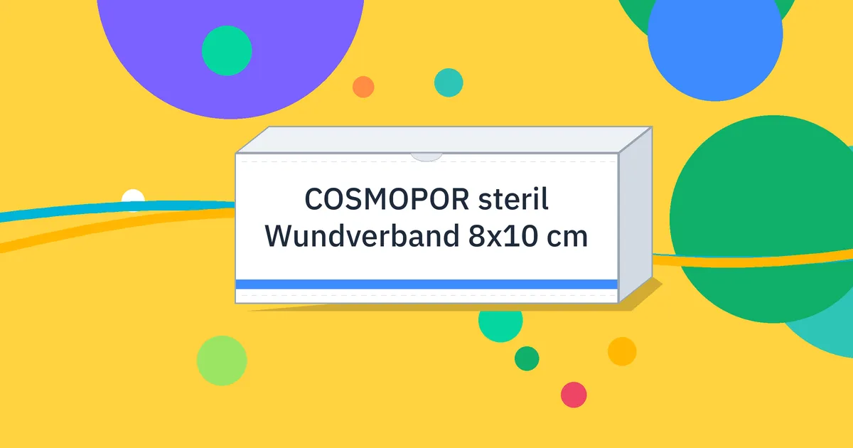 Symbolbild: Packung mit der Aufschrift COSMOPOR steril Wundverband 8x10 cm (PZN 15588826) – Verfügbarkeit und Bezug in Apotheken in Frankfurt am Main